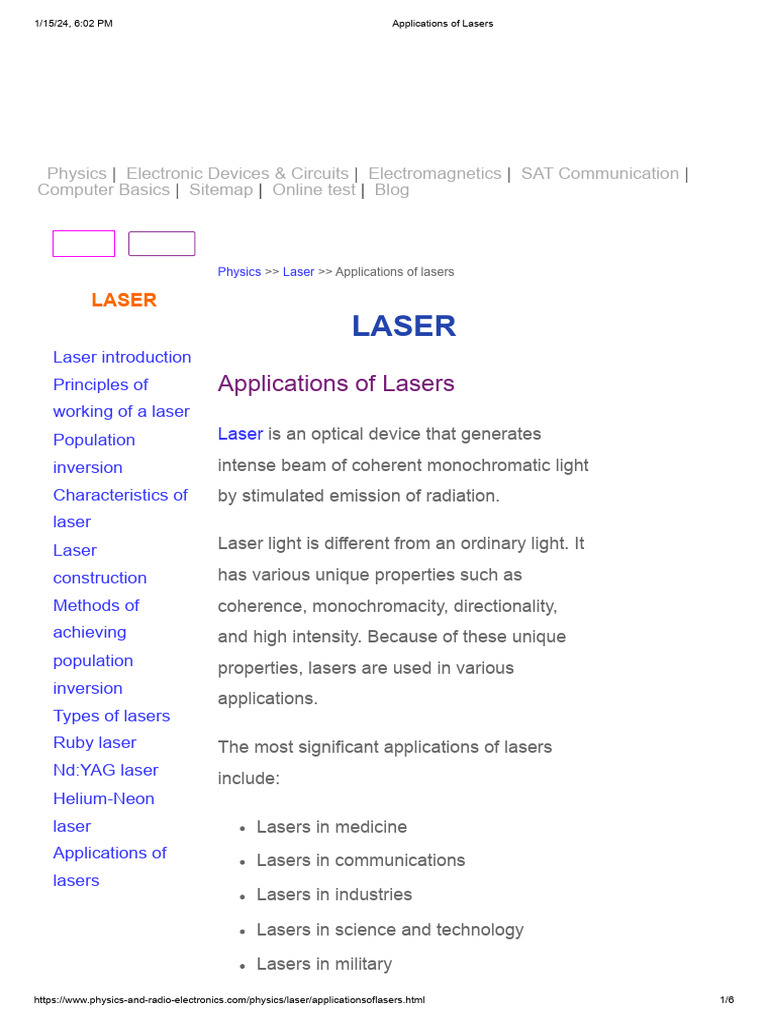 10Applications of Lasers | PDF | Laser | Light