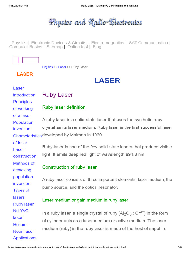 7ruby Laser - Definition, Construction and Working | PDF | Laser | Mirror