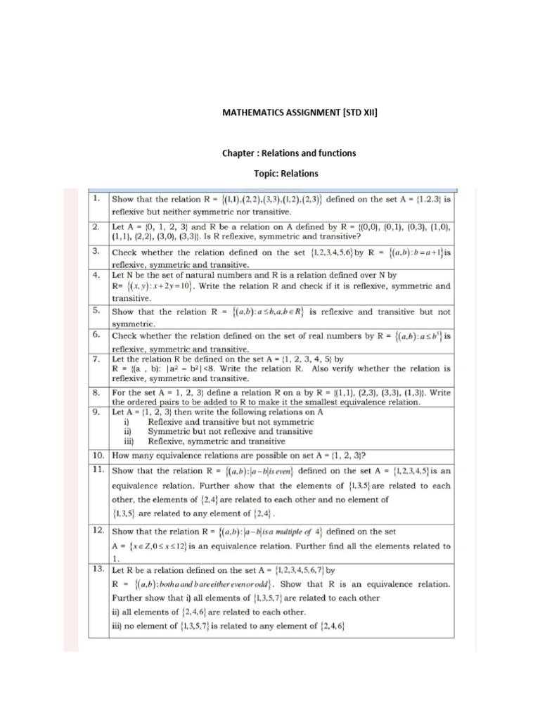 MATHEMATICS ASSIGNMENT STD XII (Relation and Functions) | PDF