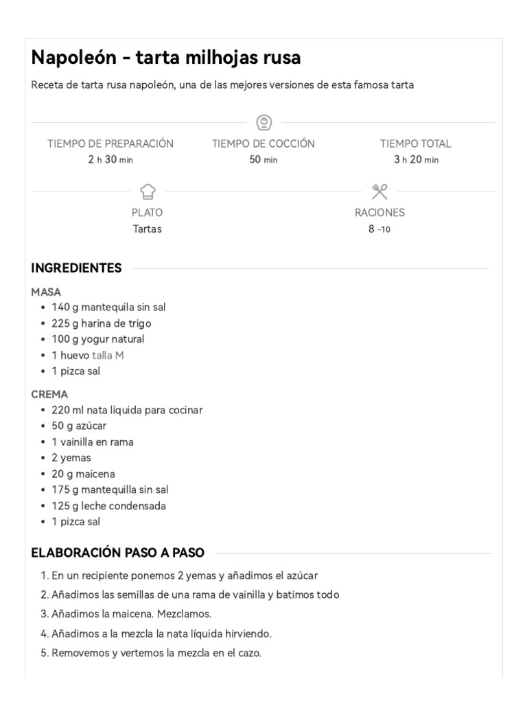 Napoleón - tarta milhojas rusa - Recetas de Esbieta | PDF | lactoso | Crema Napoleón - tarta milhojas rusa - Recetas de Esbieta | PDF | lactoso | Crema