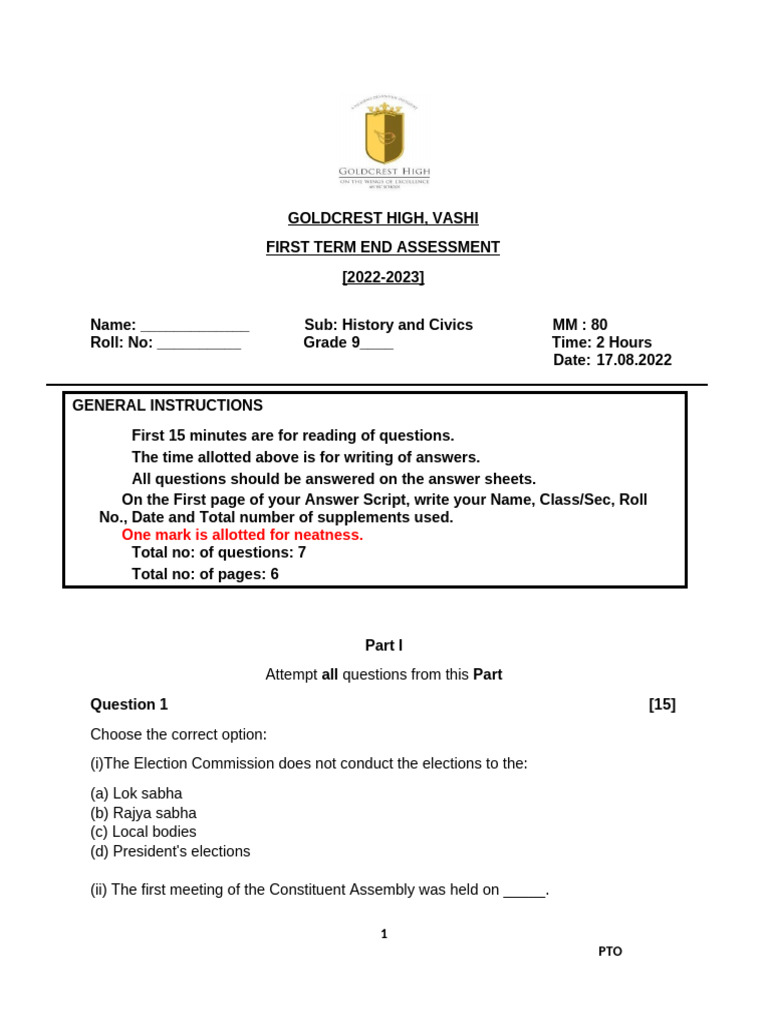 Grade 9 History - Civics FTEA Questionpaper Revised (Final) | PDF