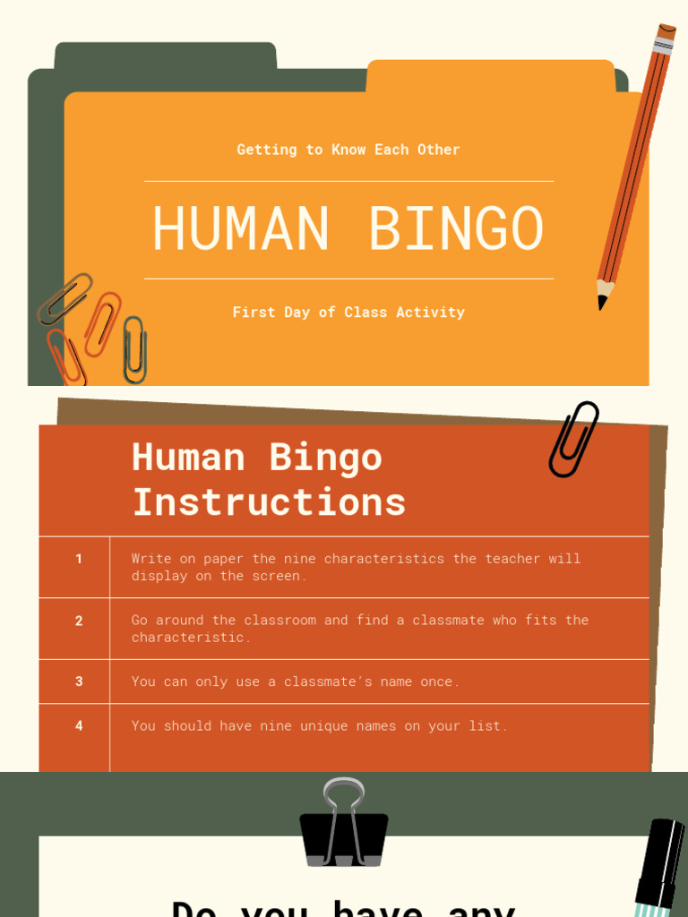 Yellow and Green School Supplies Ice Breaker Human Bingo Education ...