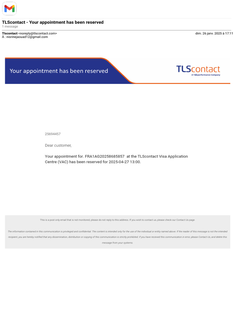 Gmail - TLScontact - Your Appointment Has Been Reserved | PDF