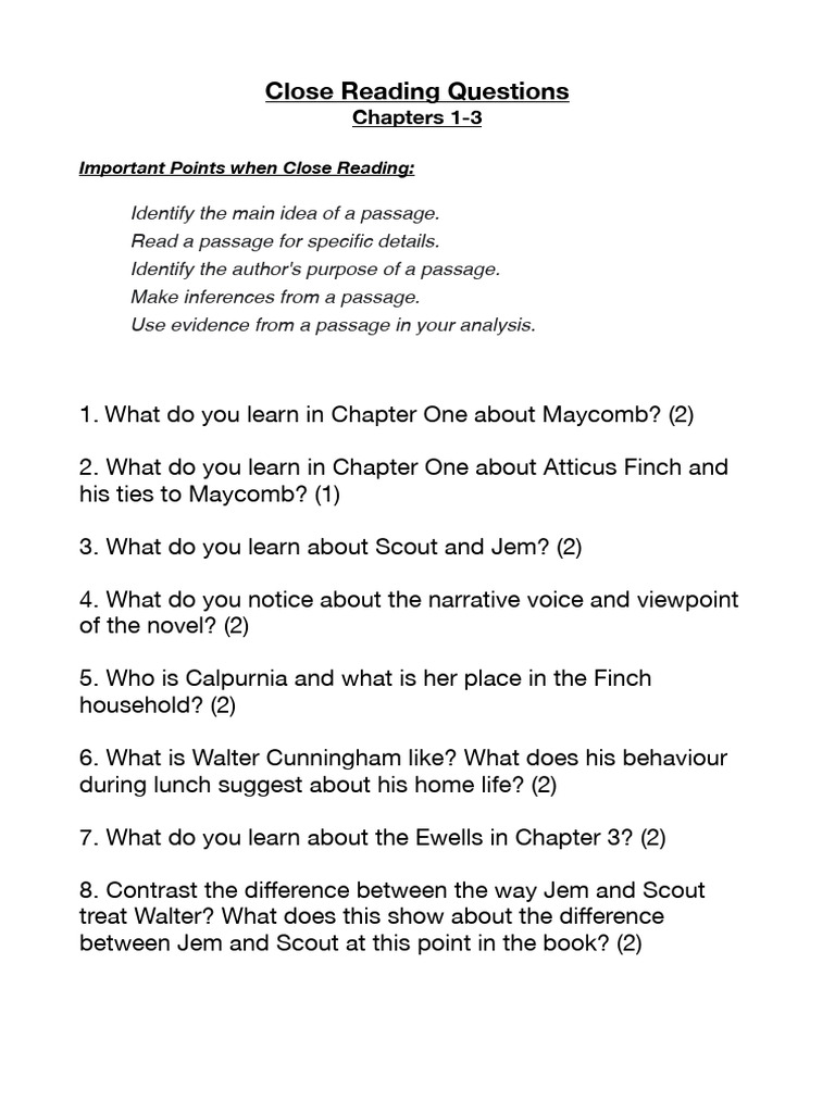 TKAM - Close Reading Questions - CHP 1-3 | PDF