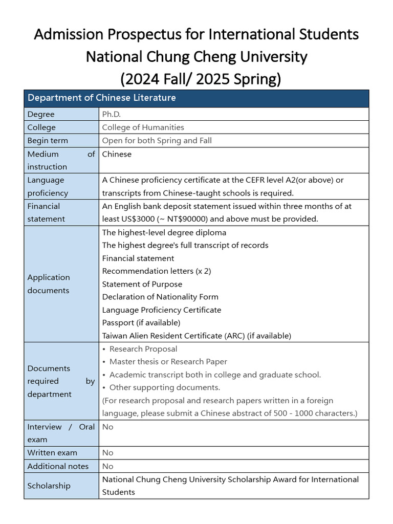 Admission Prospectus For International Students National Chung Cheng University (2024 Fall/ 2025 ...
