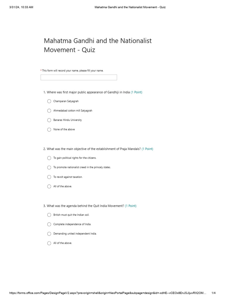 Gandhi and Nationalist Movement Quiz | PDF | Mahatma Gandhi | Social ...