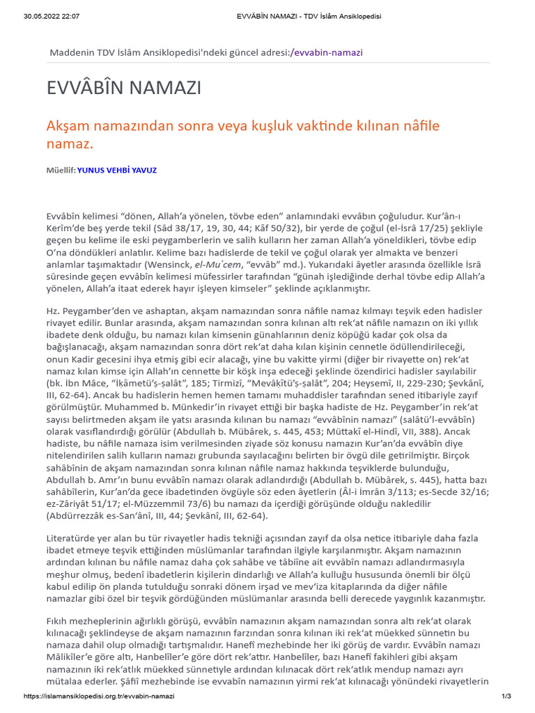 EVVÂBÎN NAMAZI - TDV İslâm Ansiklopedisi | PDF