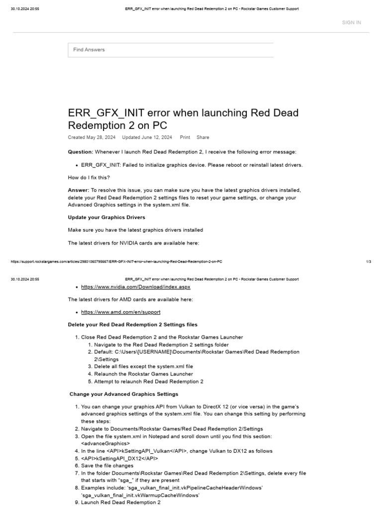 ERR - GFX - INIT Error When Launching Red Dead Redemption 2 On PC ...