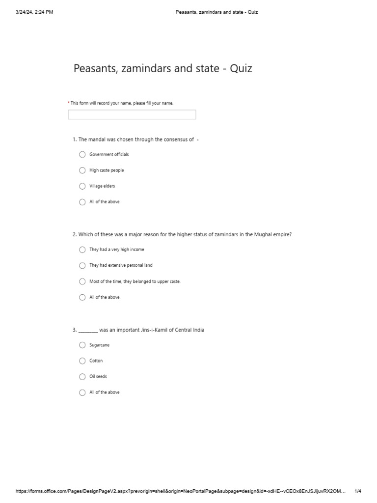 Peasants and Zamindars Quiz | PDF | Mughal Empire