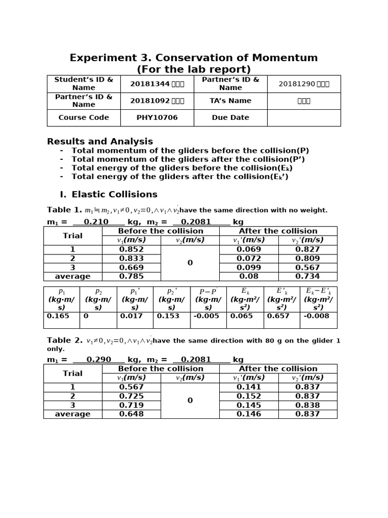 Conservation of Momentum Lab Report | PDF | Collision | Momentum
