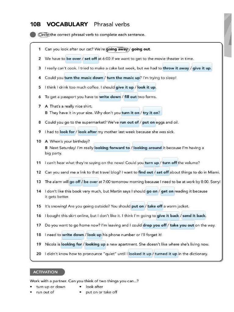Phrasal verbs worksheet A2-low level | PDF