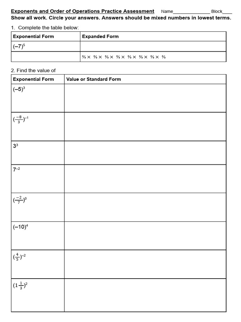 Exponents and Order of Operations Practice Assessment 2024 | PDF ...