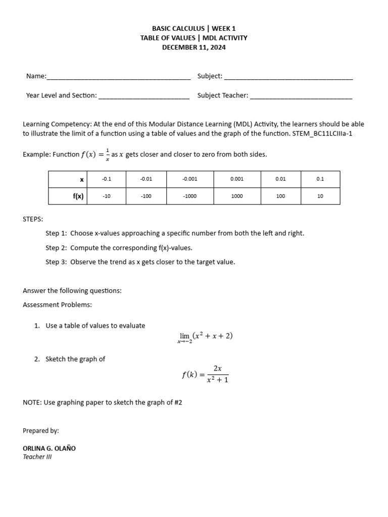 Week 1-11-12-Table of Values-BasCal | PDF