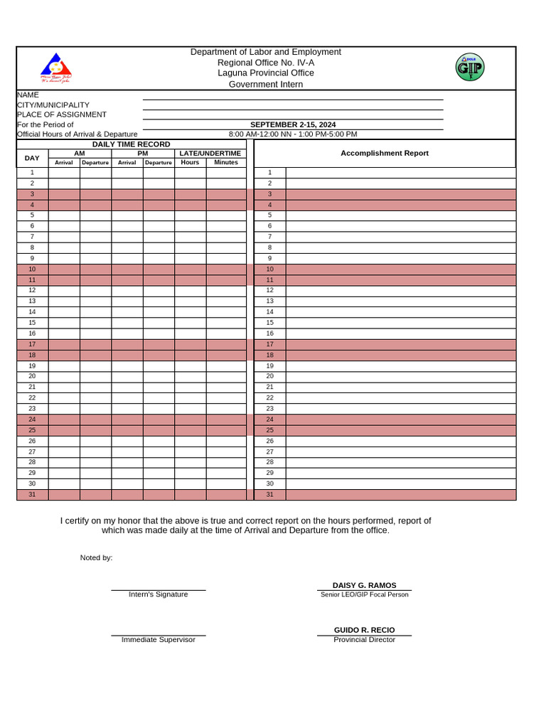 Gip DTR Ar Action Pictures Template 1 2 | PDF | Overtime | Employment