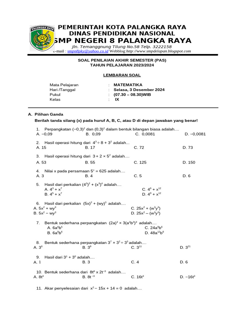 Soal Pas Matematika Kls Ix 2024-2025 Semester 1 | PDF