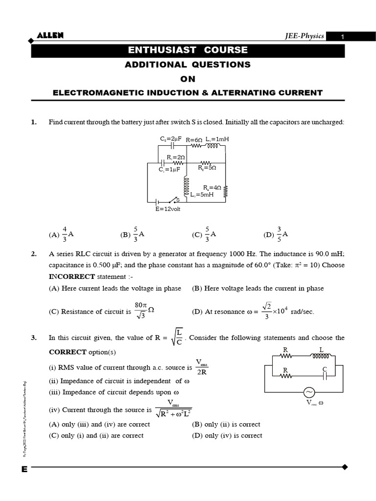 JEE Physics: EMI & AC Questions | PDF | Capacitor | Inductor