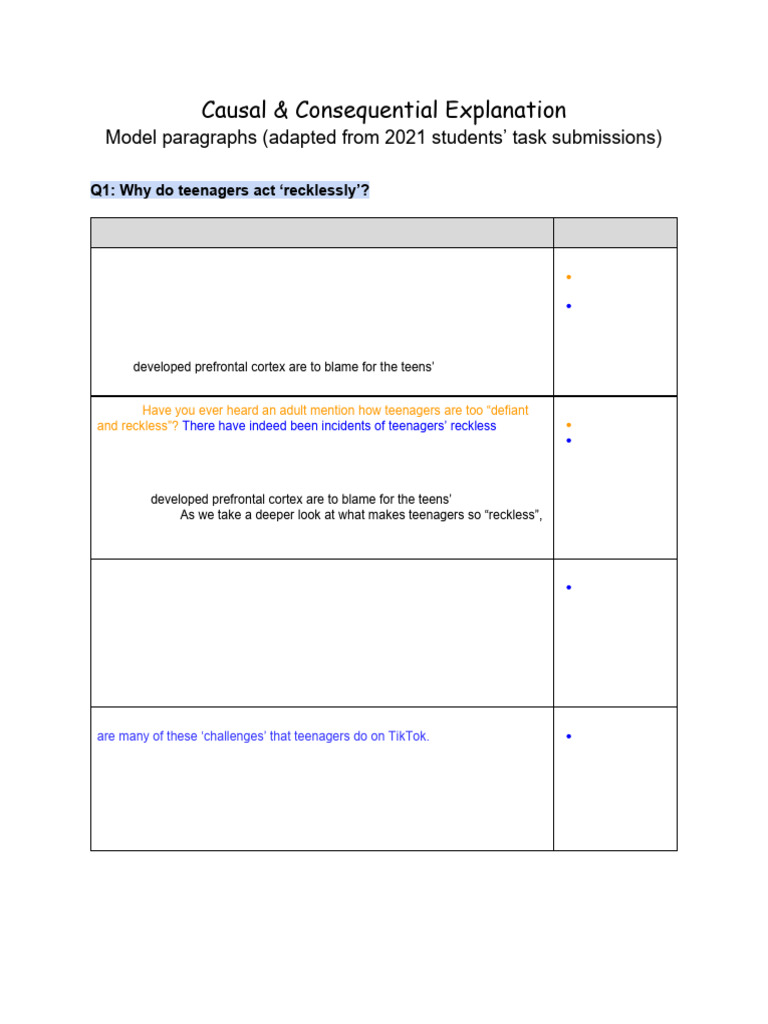 Causal & Consequential Explanation: Model Paragraphs (Adapted From 2021 ...