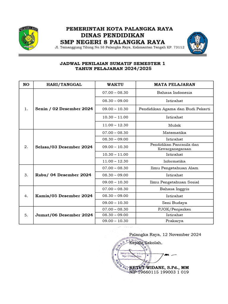 Jadwal Penilaian Sumatif 1 TP 2024-2025 | PDF