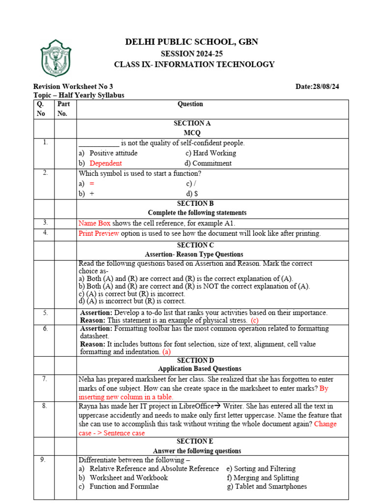 Hye Rev Worksheet Class Ix - It | PDF