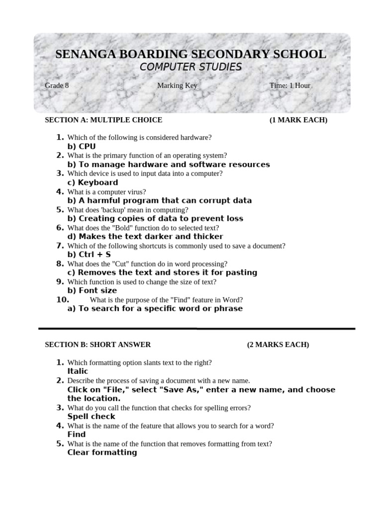 Grade 8 - Computer Studies - Marking Key | PDF | Computer File ...