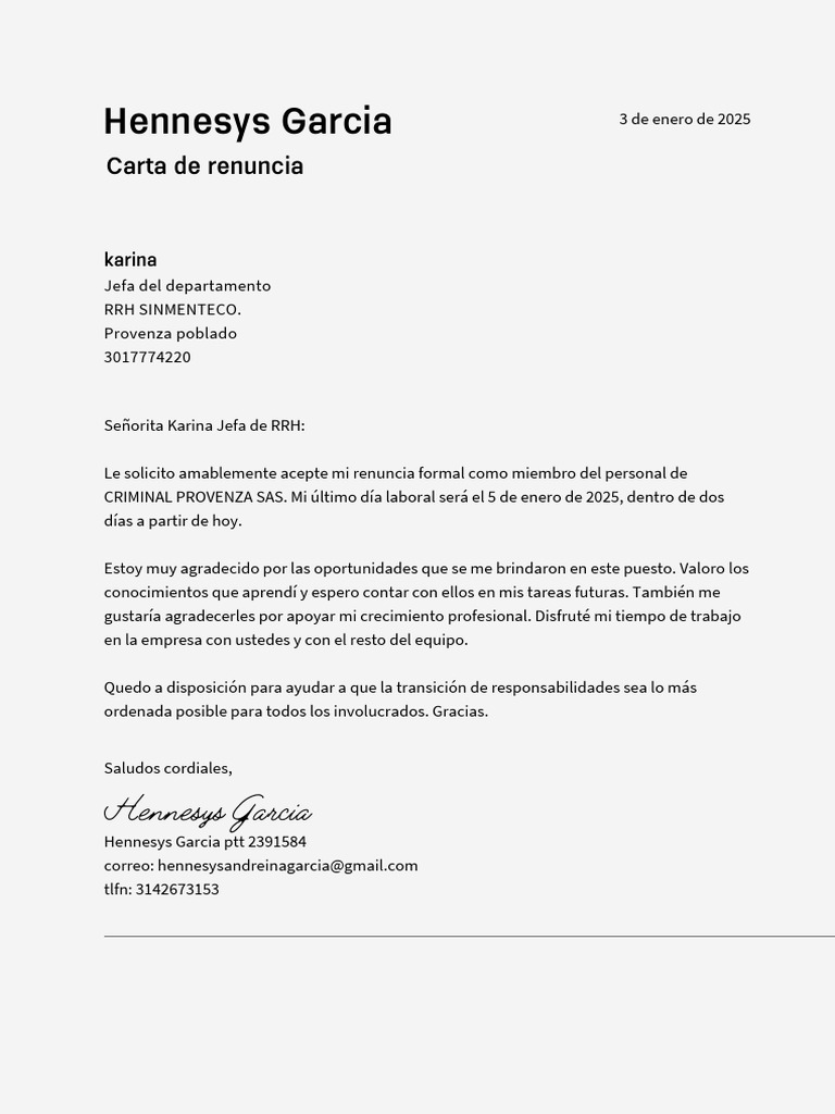 Carta de Renuncia Andreina Garcia | PDF