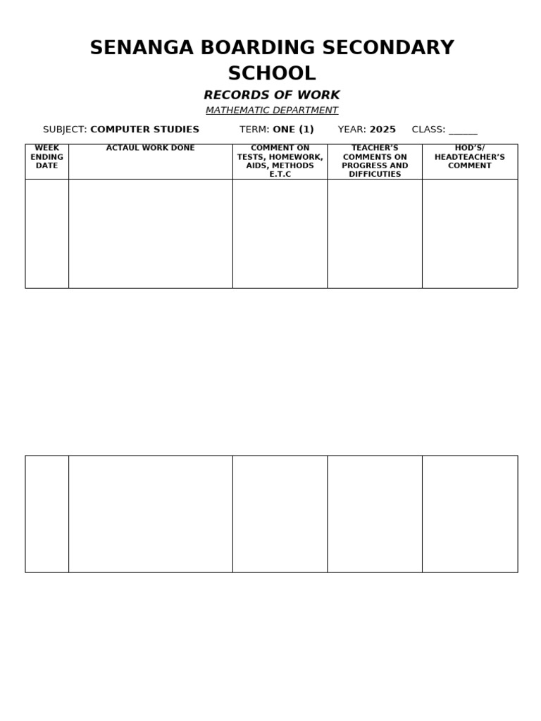 Records of Work - Senanga Boarding Secondary School | PDF
