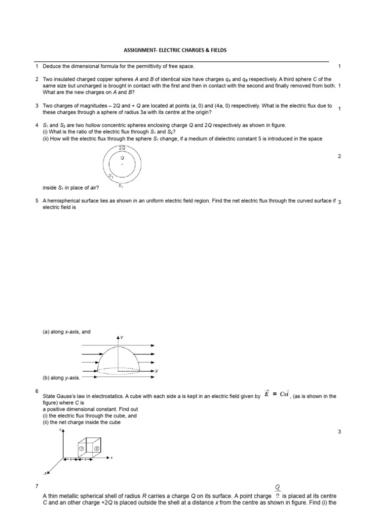 Electric Charges & Fields Assignment | PDF | Electric Field | Sphere