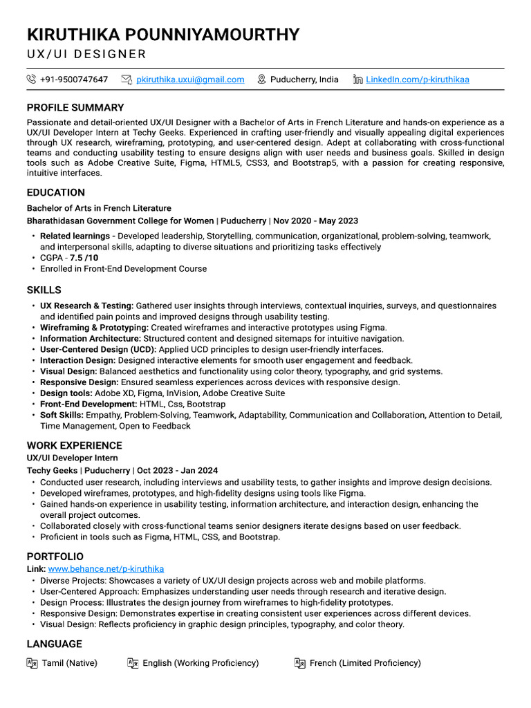 Kiruthika Pounniyamourthy Resume | PDF | Usability | Cyberspace