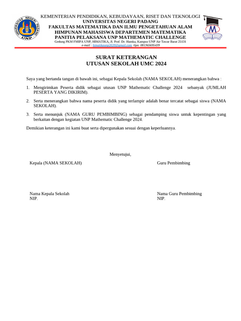Surat Pernyataan Utusan Sekolah UMC 2024 | PDF