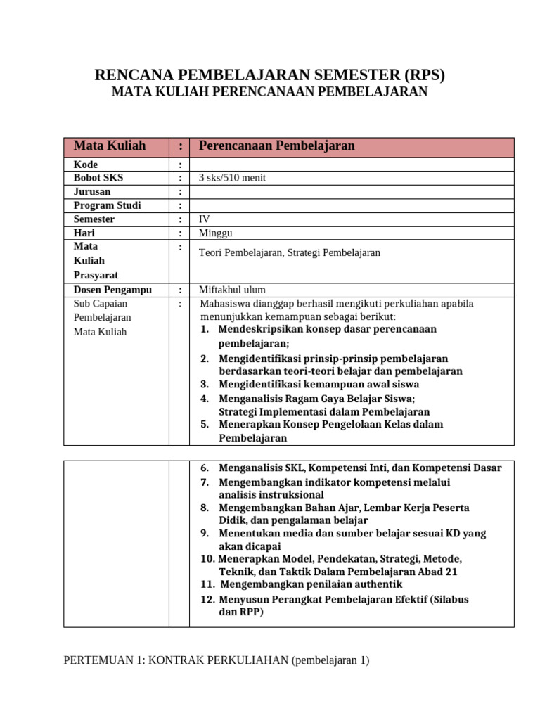 Rps Perencanaan Pembelajaran | PDF