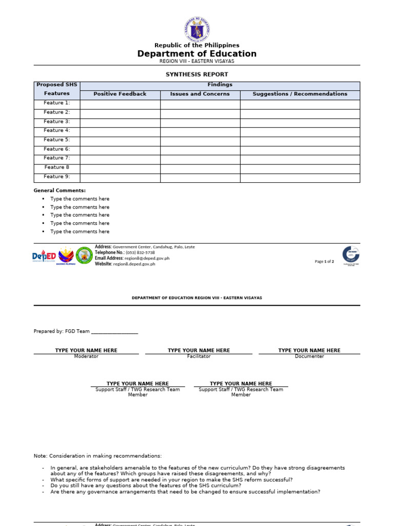 DepEd Region 8 Synthesis Report Template by FGD Team | PDF | Human ...