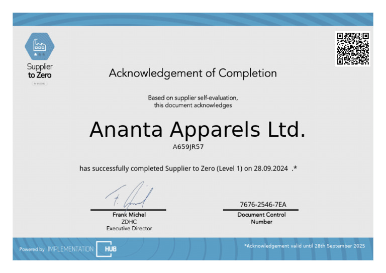 Ananta Apparels Supplier to Zero Completion | PDF