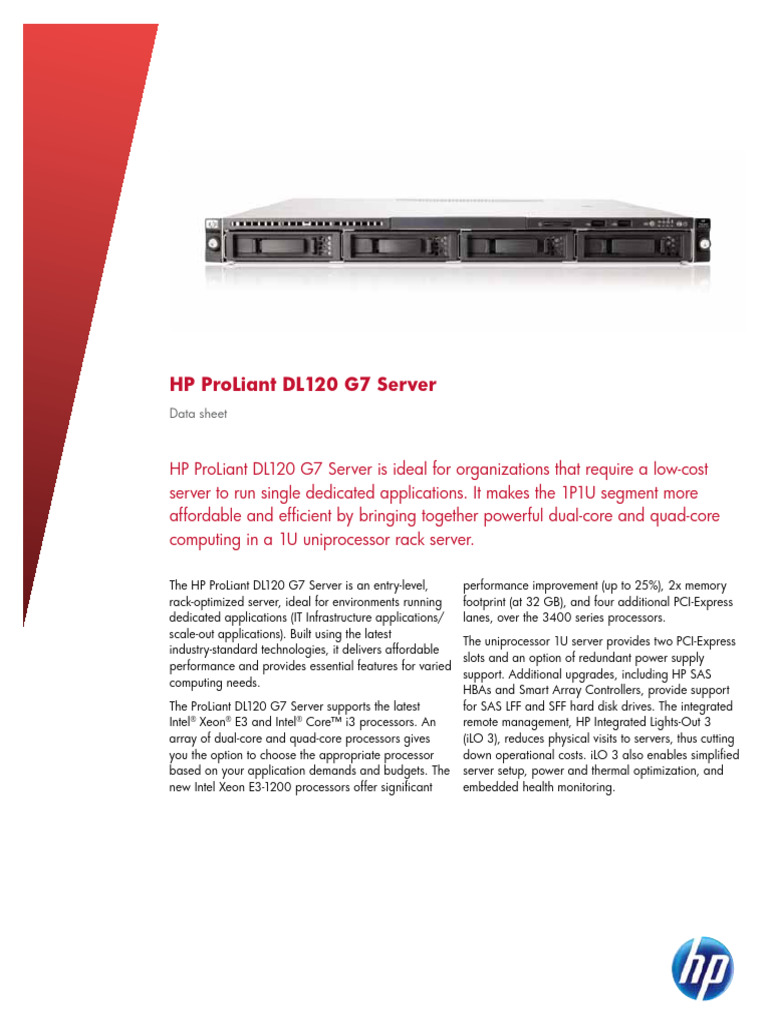 HP ProLiant DL120 G7 Datasheet | PDF | Server (Computing) | Multi Core Processor