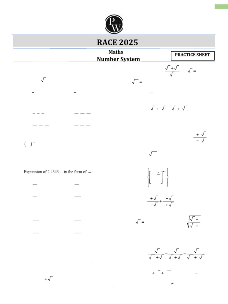 Number System - Practice Sheet - RACE 2025 | PDF | Rational Number ...