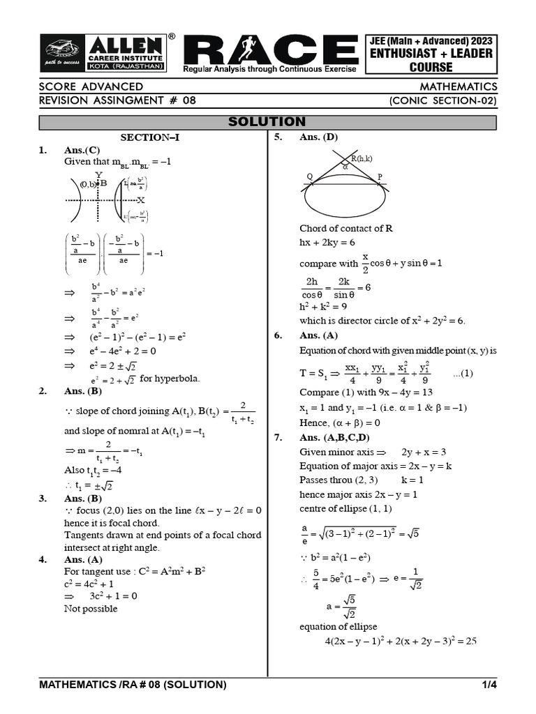Conic 2 Revision Assignment Sol | PDF | Ellipse | Classical Geometry