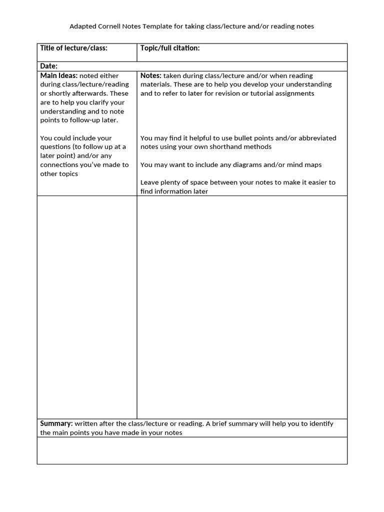 Cornell Notes Template for Students | PDF