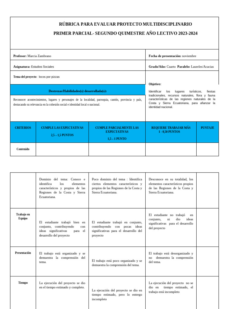 Rúbrica para Evaluar Proyecto Multidisciplinario 4to | PDF