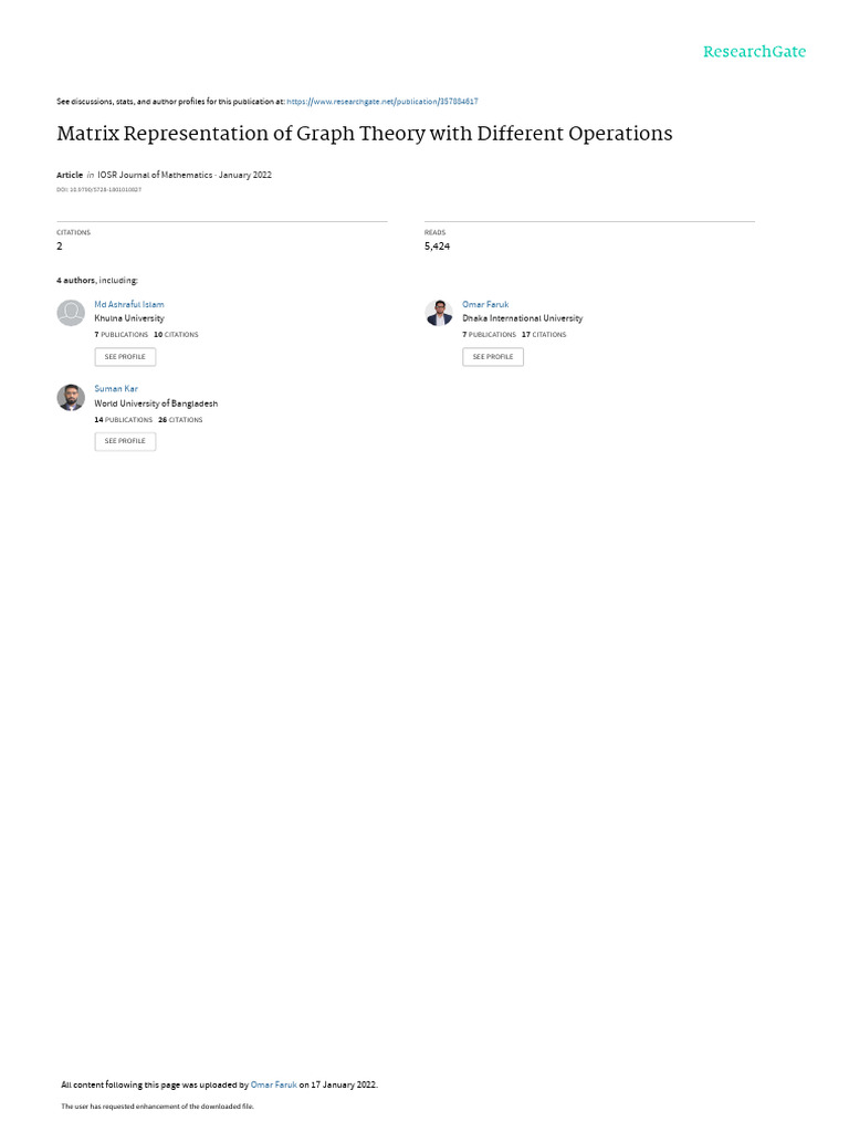 Matrix Representation of Graph Theory | PDF | Vertex (Graph Theory) | Graph Theory