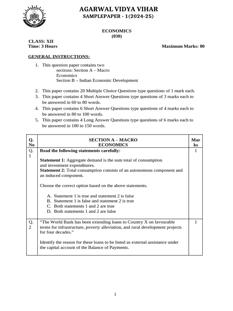 1 Sample Paper ECONOMICS | PDF | Economic Equilibrium | Multiplier ...