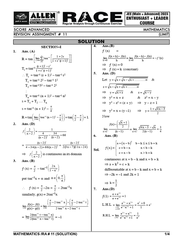 Limits Revision Assignment Sol | PDF