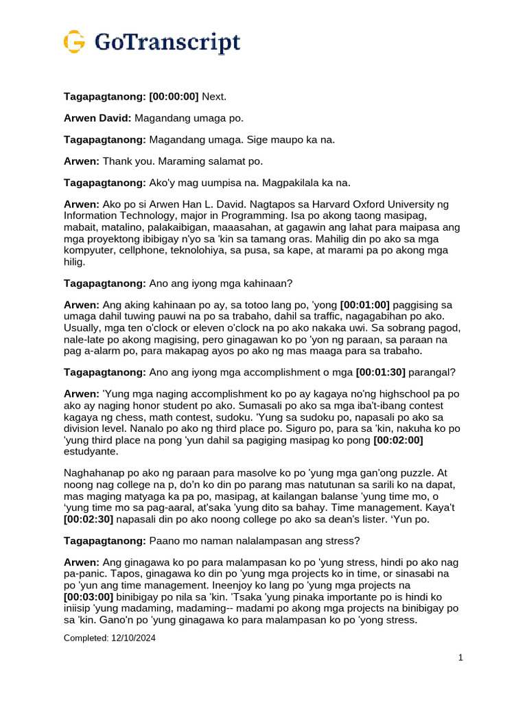 CV FILIPINO INTERVIEW SAMPLE WITH TS EVERY 30SECS | PDF