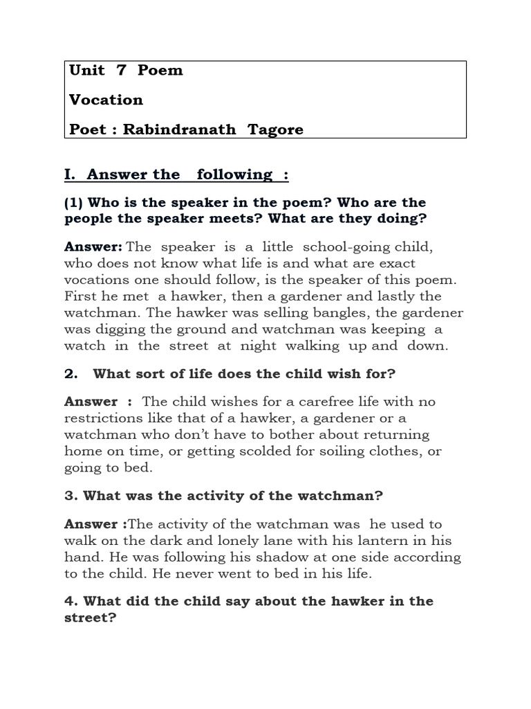 Class 6 Unit 7 Poem Vocation | PDF