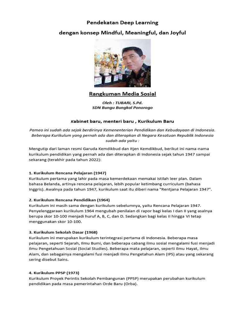 ARTIKEL RANGKUMAN MEDIA SOSIAL - RINGKASAN PENDEKATAN DEEP LEARNING - TUBARI, S.Pd. | PDF