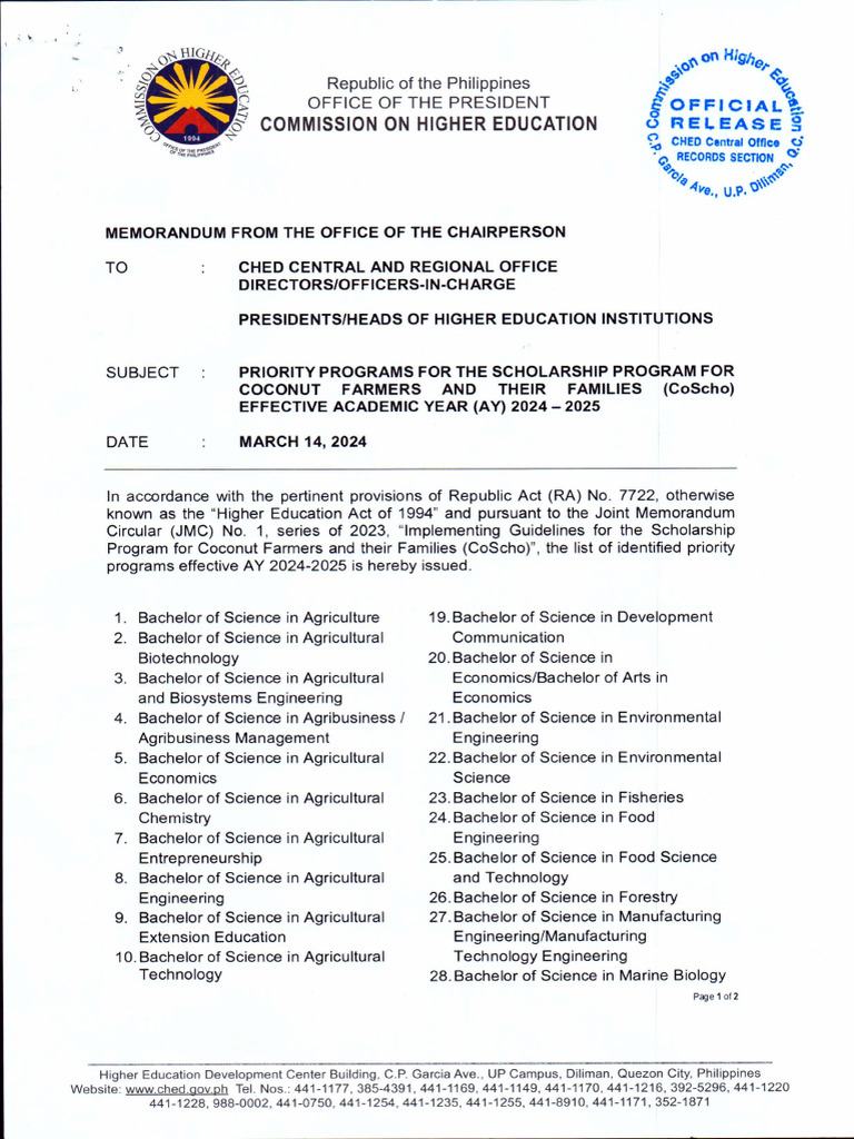 Moc Coscho Priority Programs For Academic Year Ay 2024 2025 | PDF