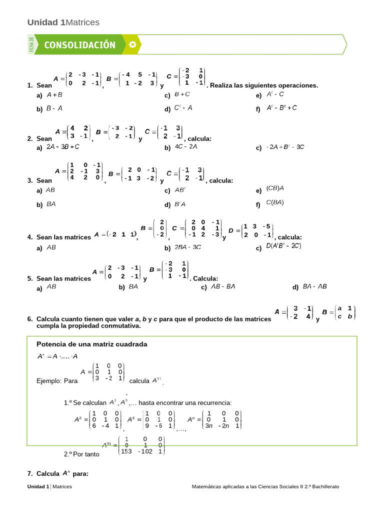 Operaciones con Matrices Bachillerato | PDF