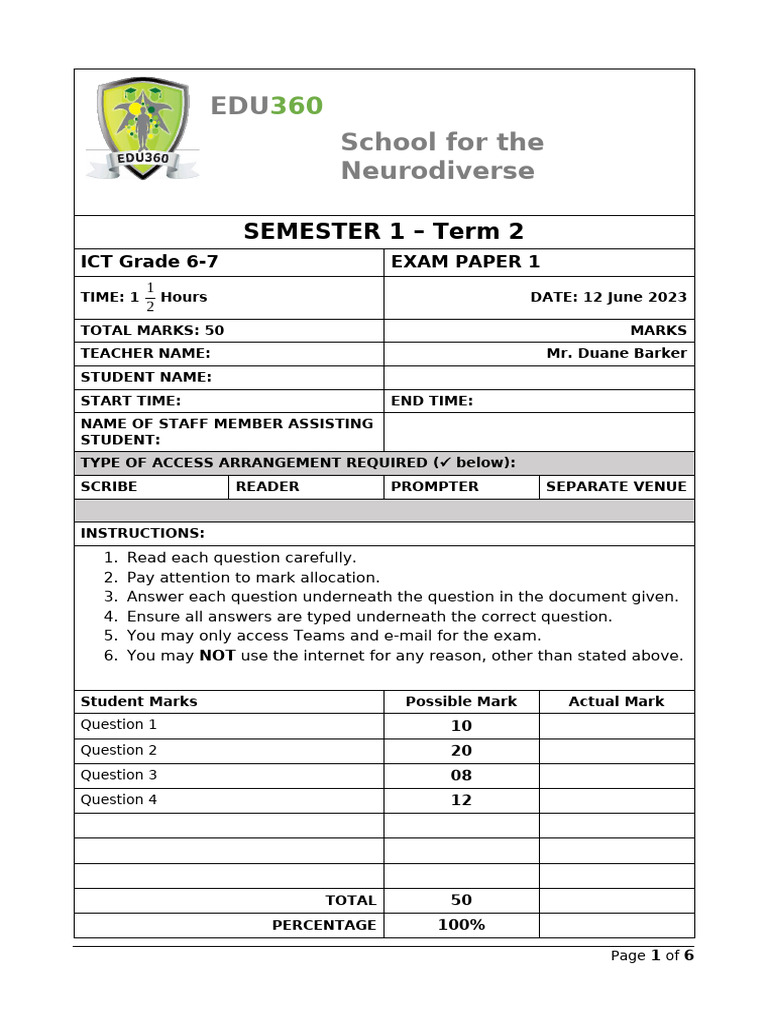 ICT Exam Paper 1 Gr6-7 12 June 2023 Moderated and Memo | PDF | Random ...