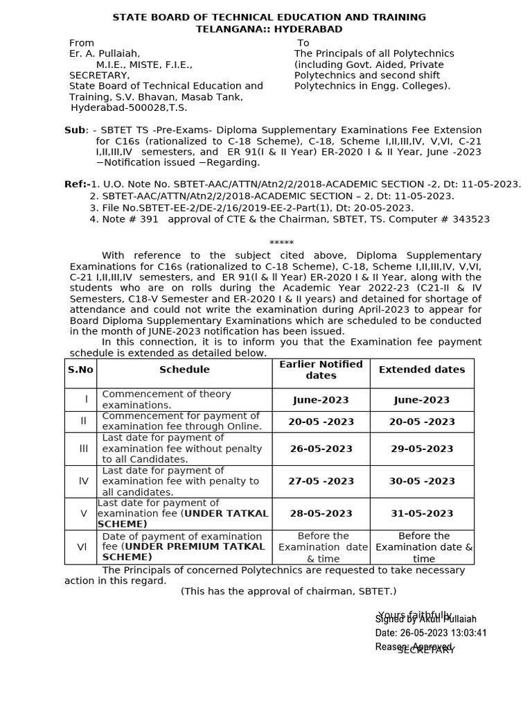 SBTET Telangana Diploma Exam Fee Extension | PDF