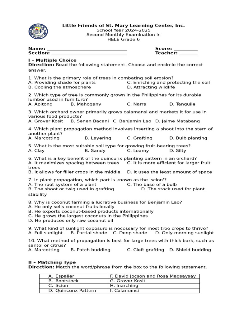 HELE 6 - 2nd Monthly Exam Sir Aljon | PDF | Grafting | Trees