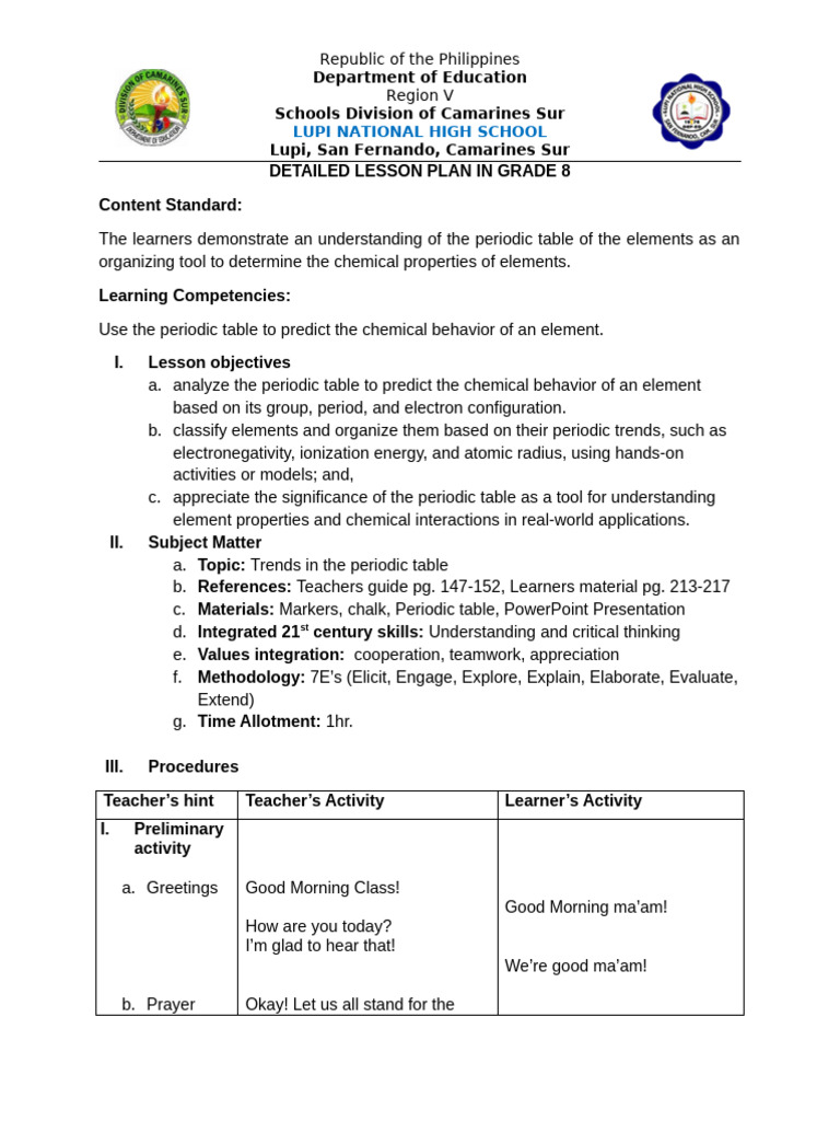 Grade 8 Lesson Plan: Periodic Table Trends | PDF | Periodic Table ...