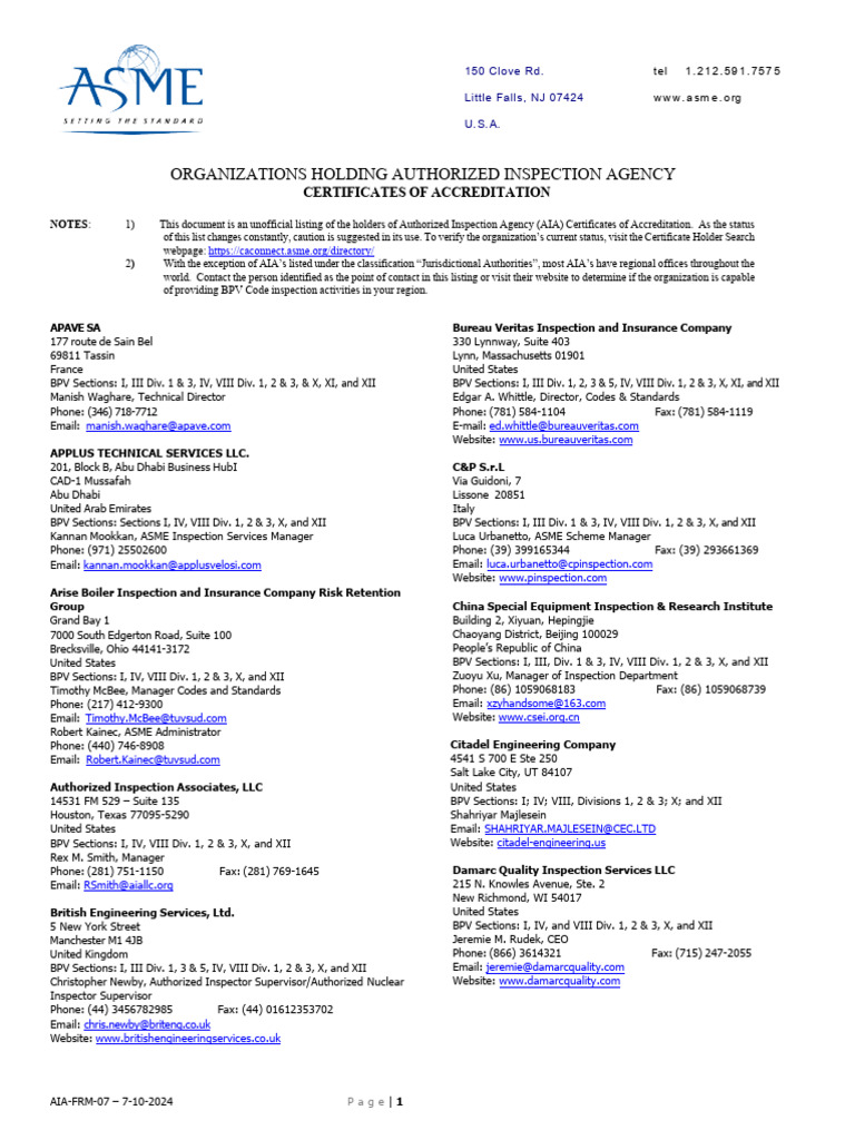 Aia Frm 07 List of Authorized Inspection Agencies | PDF